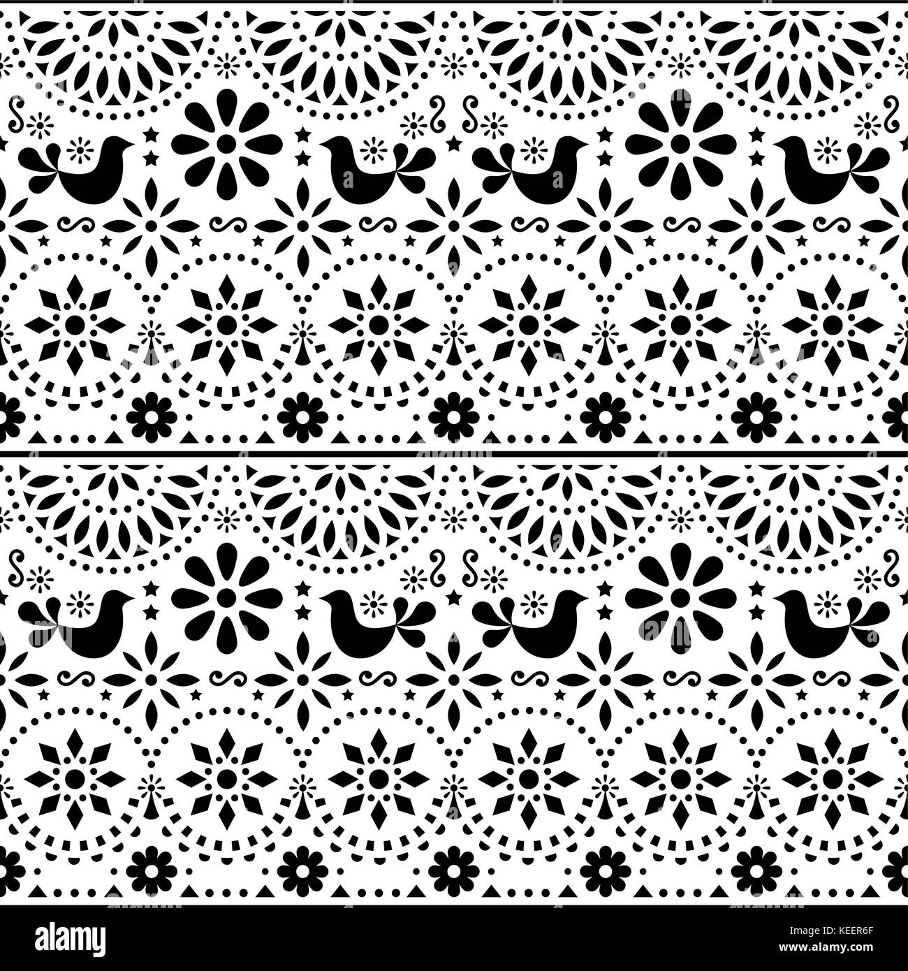 Mexican folk art vector seamless pattern with birds and flowers, black ...