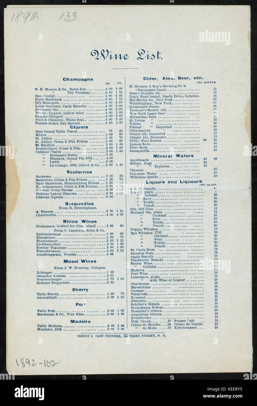A historical bill of fare from the Glen Island Grand Cafe, located in ...