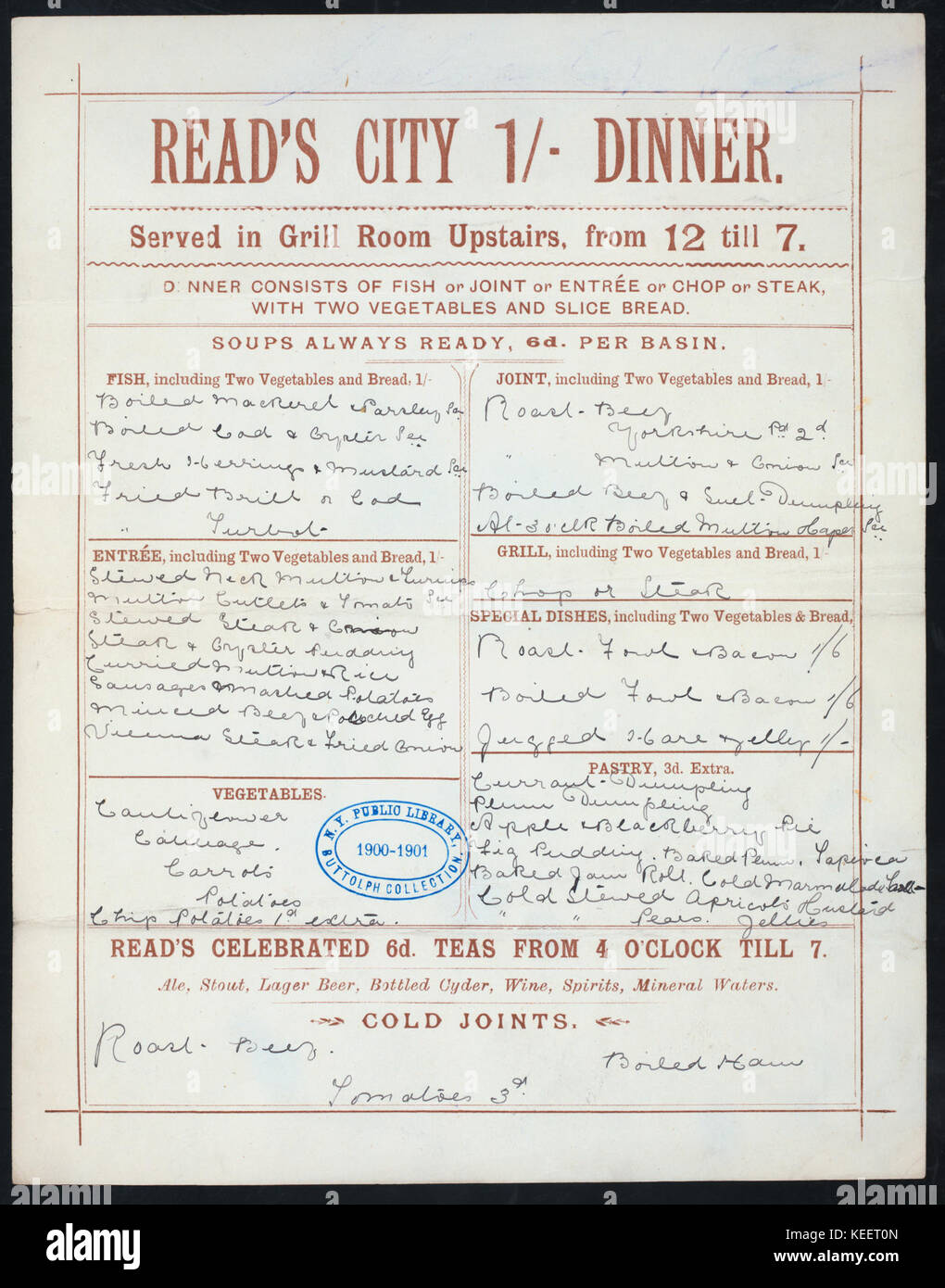 DAILY DINNER SERVED IN GRILL ROOM (held by) READ'S CITY 1 DINNER (at ...