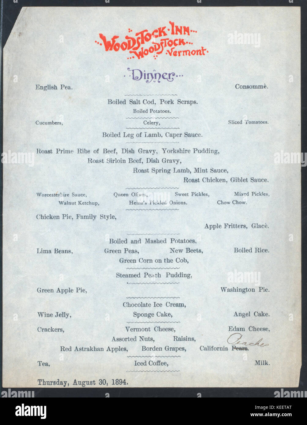 This dinner menu from the Woodstock Inn in Vermont offers a glimpse ...