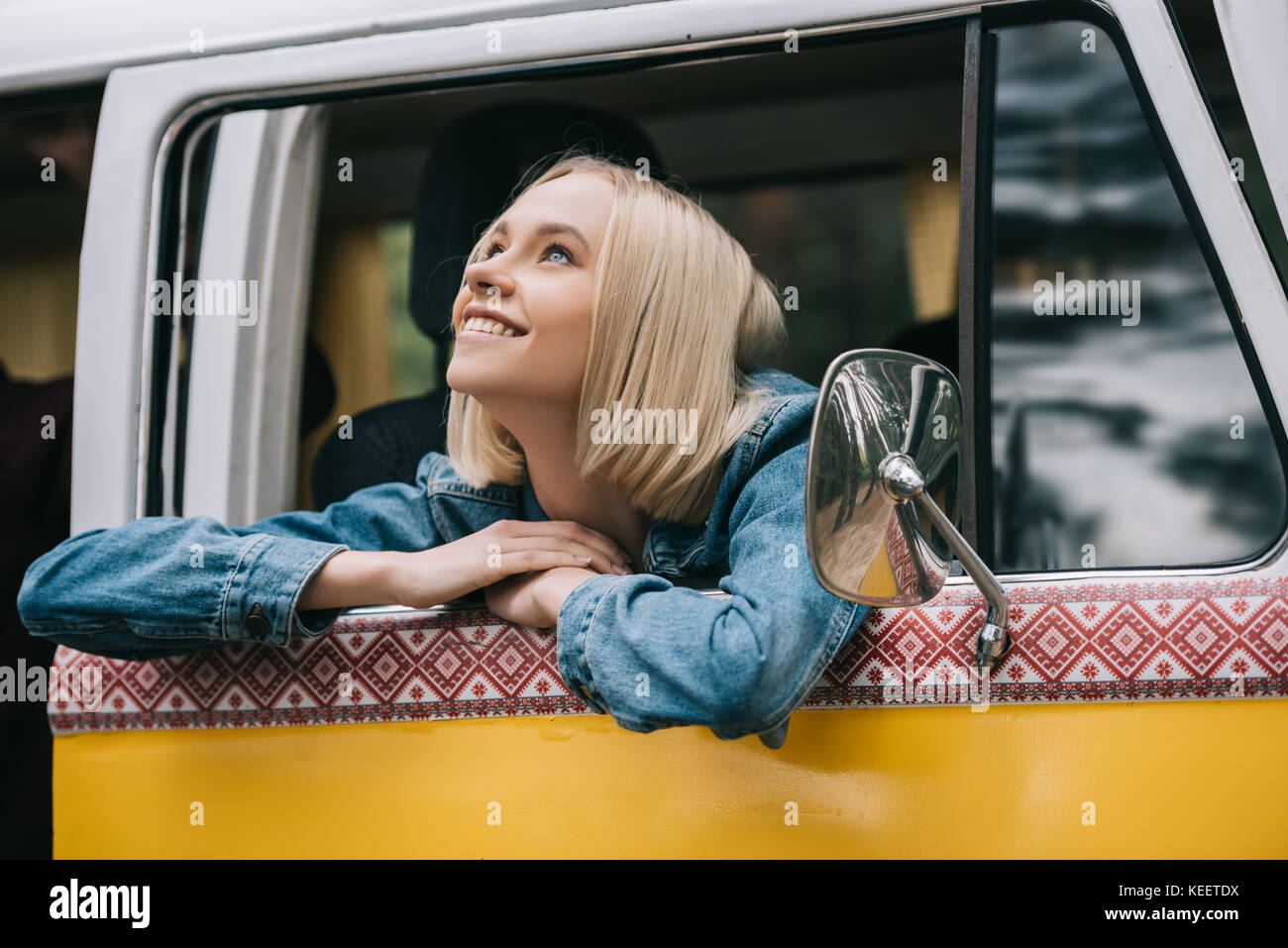 happy beautiful blonde girl sitting in retro styled minivan Stock Photo ...