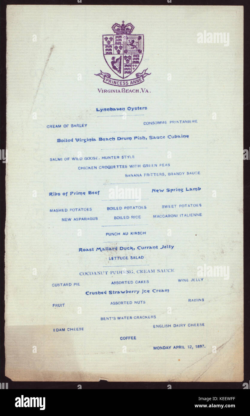 MENU (held by) PRINCESS ANNE (at) VIRGINIA BEACH, VA (HOT;) (NYPL Hades ...