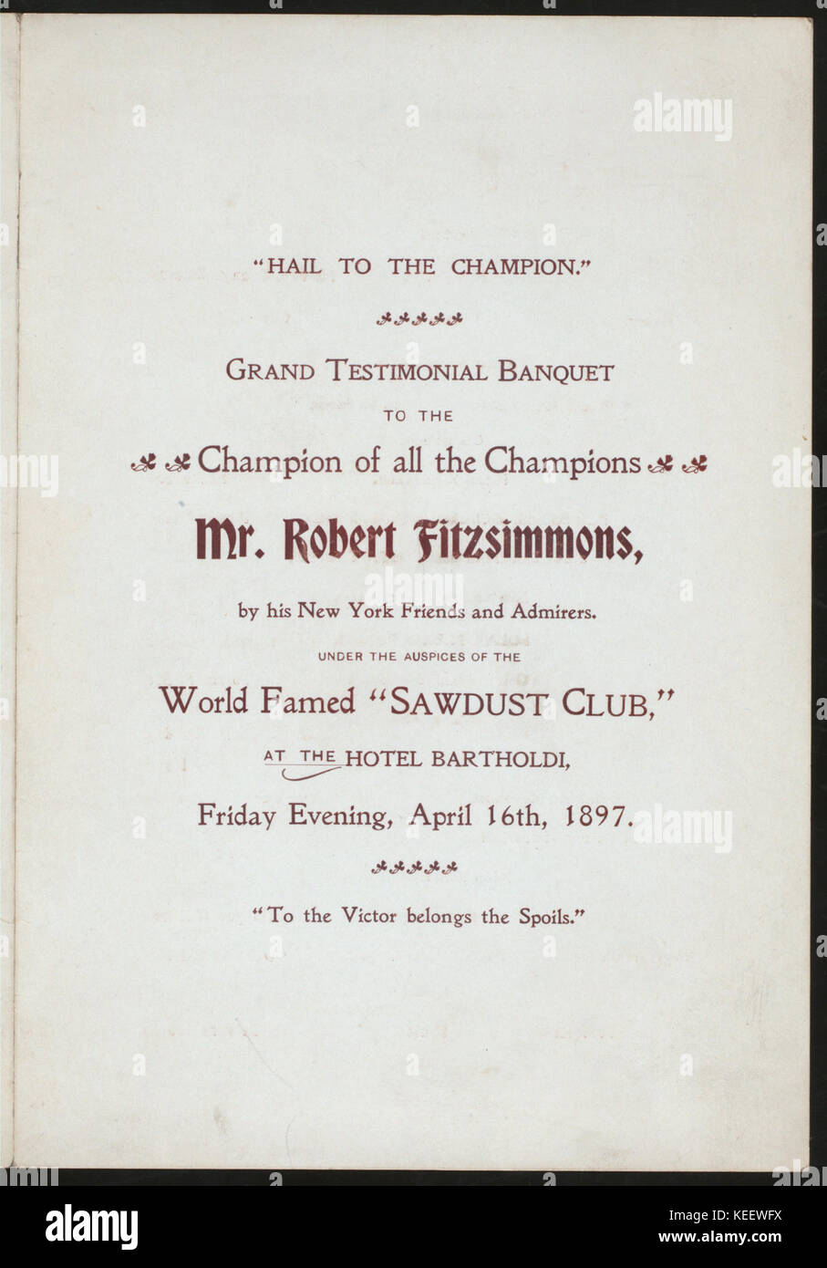GRAND TESTIMONIAL BANQUET TO MR. ROBERT FITZSIMMONS BY HIS NEW YORK ...
