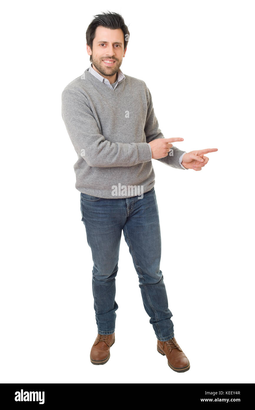 casual man with arm out in a welcoming gesture, isolated on white Stock ...