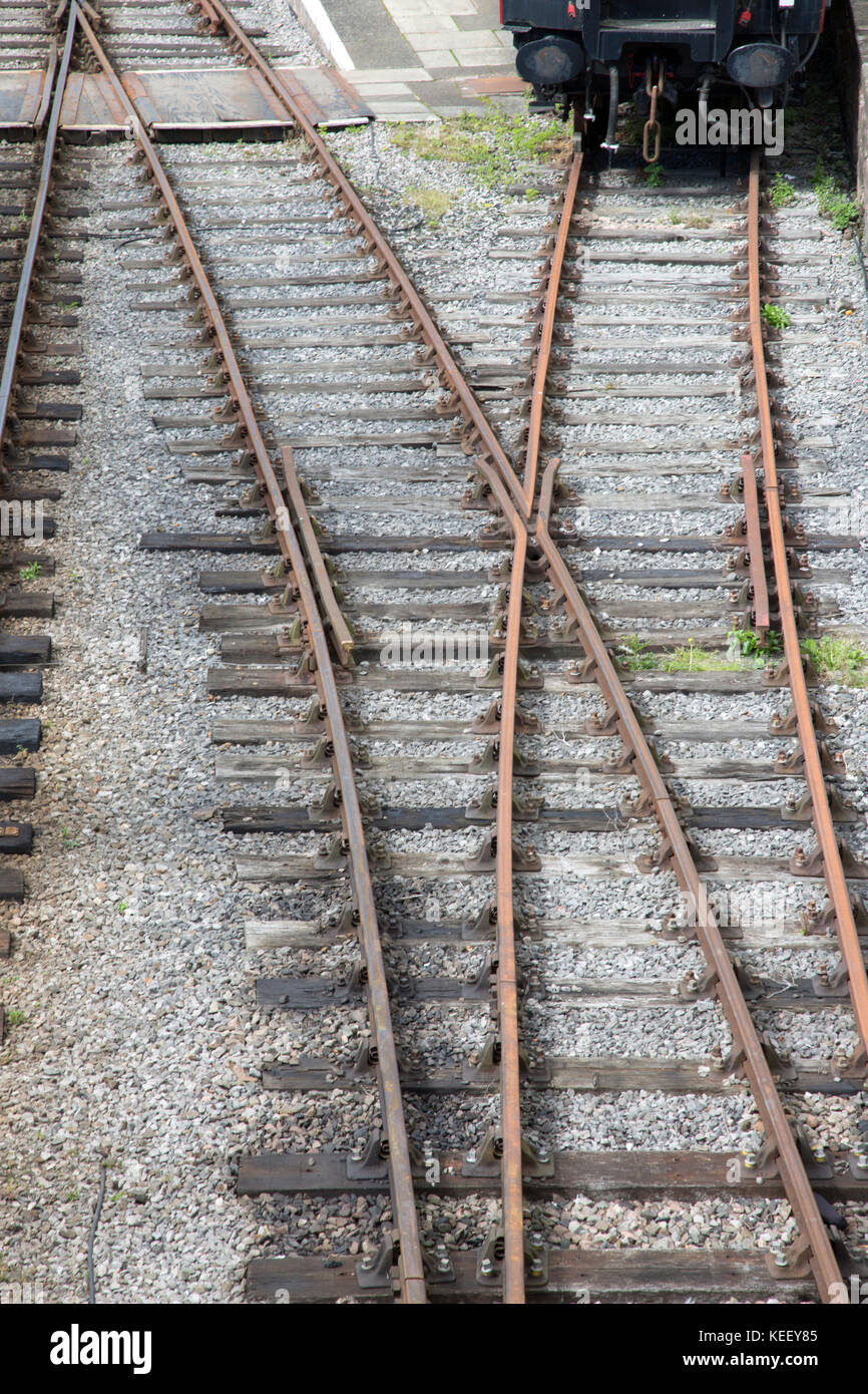 Railway Track Junction with Wagon Stock Photo - Alamy