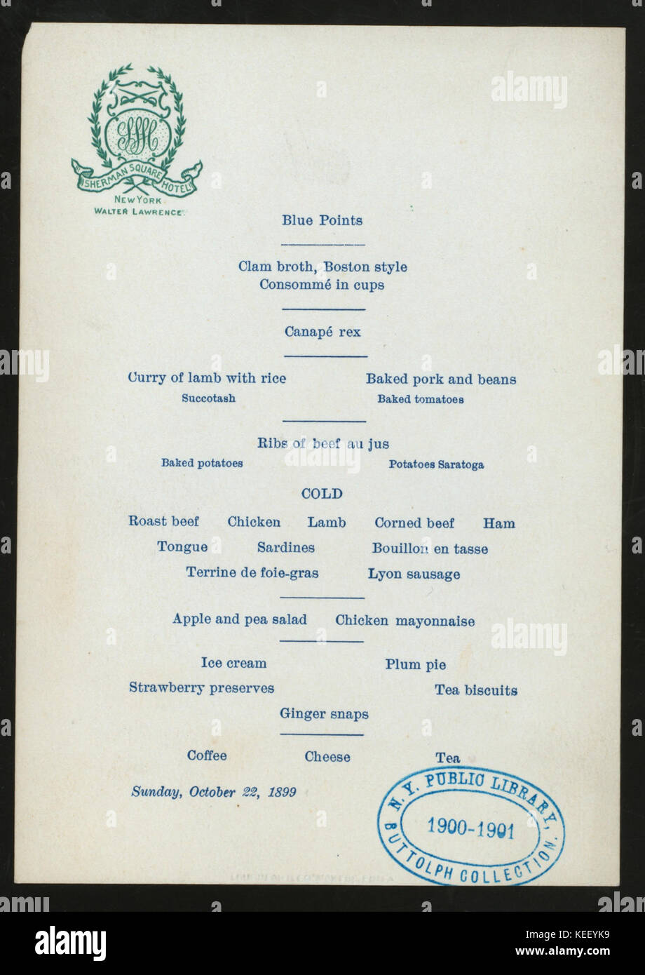 MENU (held by) SHERMAN SQUARE HOTEL (at) NEW YORK, NY (HOTEL;) (NYPL ...