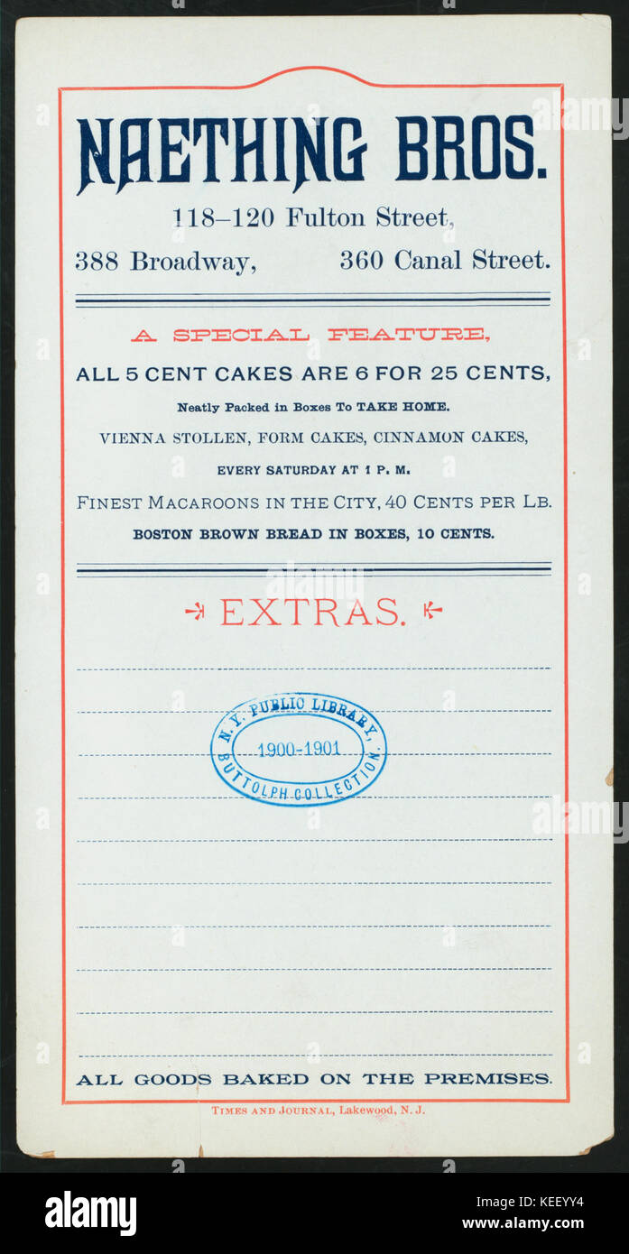 A bill of fare held by Naething Bros. at their restaurant and bakery in ...