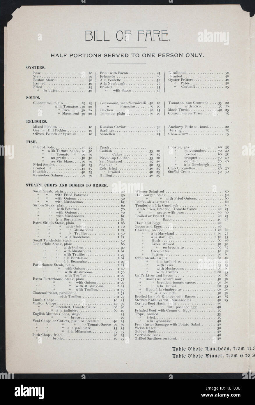 DAILY BILL OF FARE; (held by) BELVEDERE HOUSE; (at) NEW YORK, NY (HOTEL ...