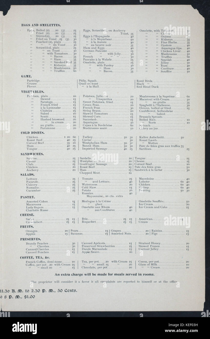 DAILY BILL OF FARE; (held by) BELVEDERE HOUSE; (at) NEW YORK, NY (HOTEL ...