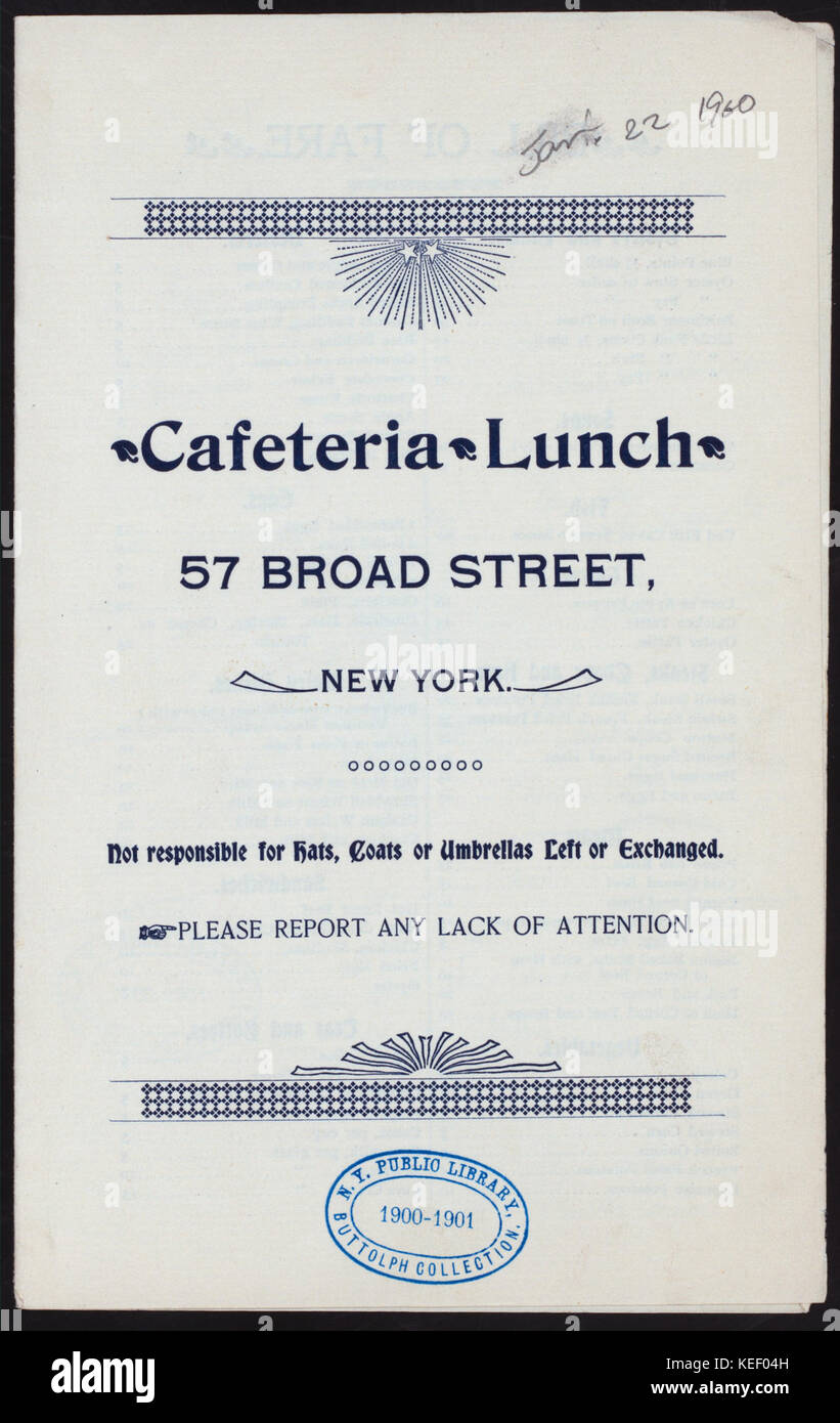 DAILY MENU (held by) CAFETERIA LUNCH (at) 57 BROAD STREET, NY (REST ...