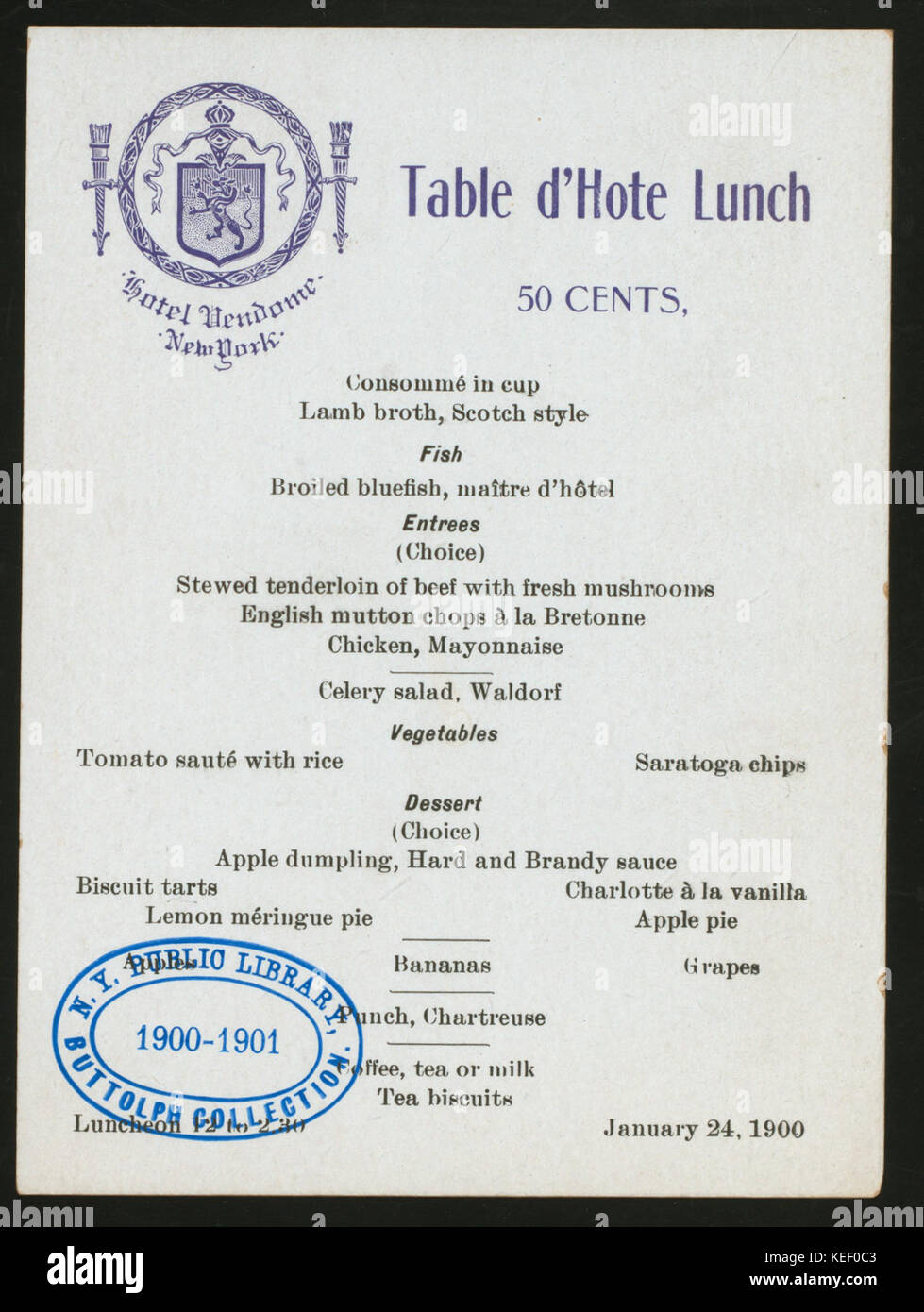 TABLE D'HOTE LUNCH (held by) HOTEL VENDOME (at) NEW YORK, NY (HOTEL ...