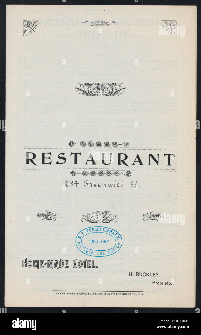 REGULAR MENU (held by) HOME MADE HOTEL (at) 284 GREENWICH ST., NY ...