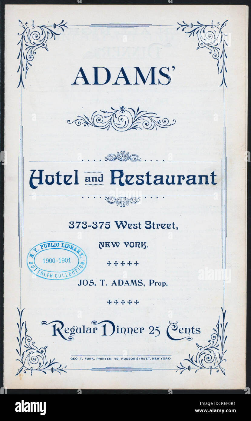 DAILY MENU (held by) ADAMS HOTEL AND RESTAURANT (at) 373 375 WEST ...