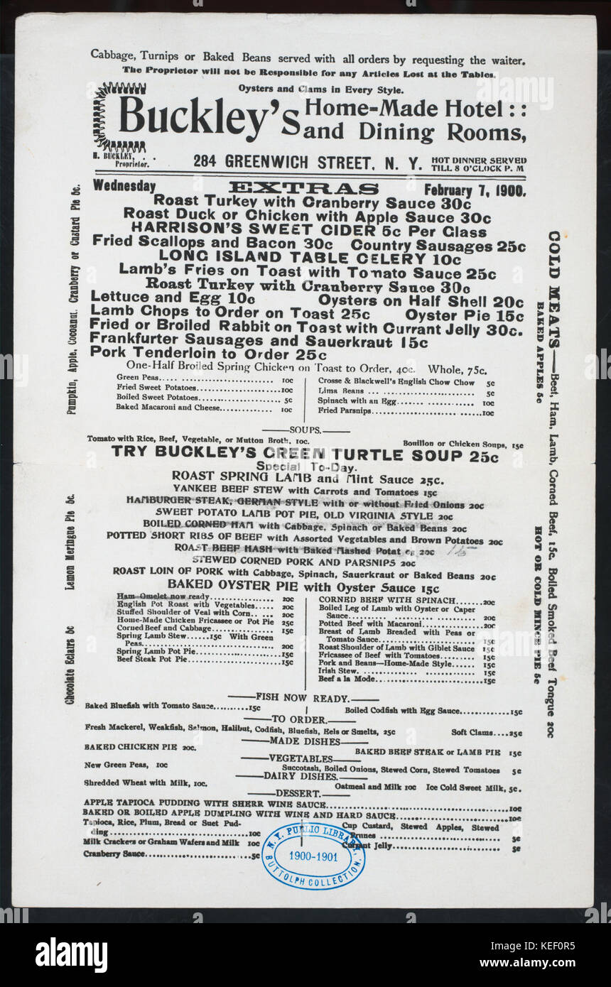 DAILY MENU (held by) BUCKLEY'S HOME MADE HOTEL (at) 284 GREENWICH ...