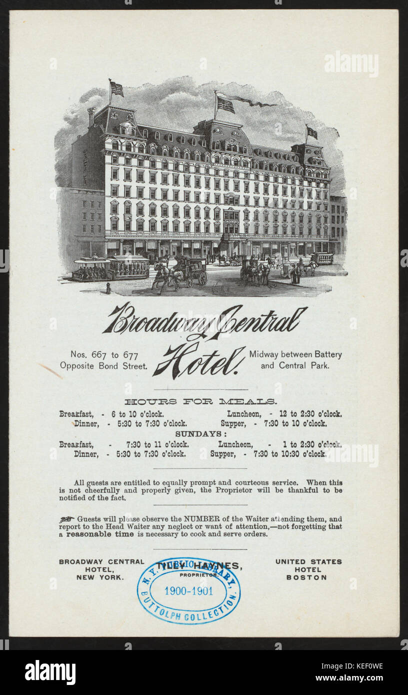 DINNER MENU (held by) BROADWAY CENTRAL HOTEL (at) NEW YORK, NY (HOTEL ...
