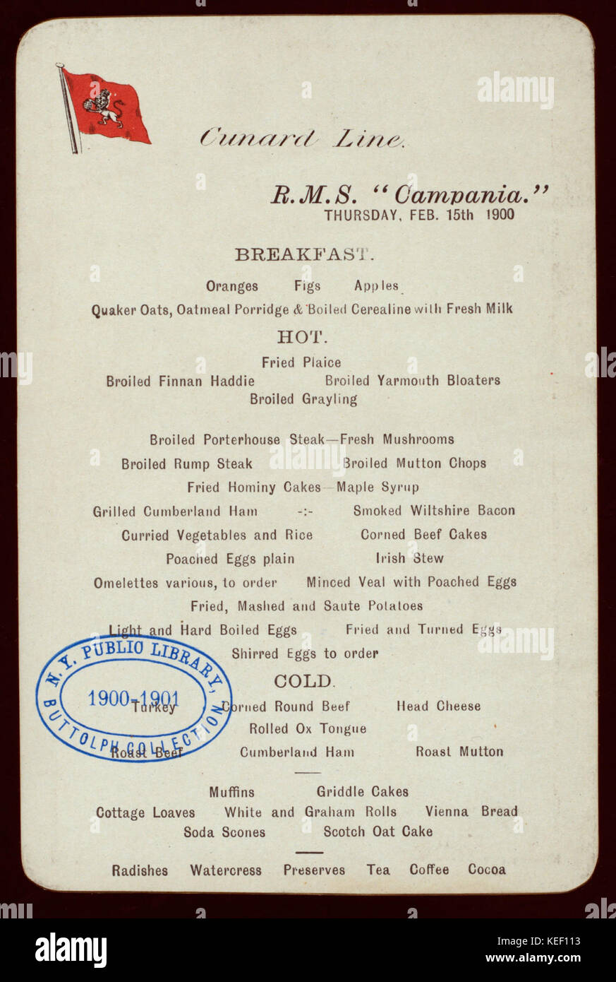 BREAKFAST (held by) CUNARD LINE (at) R.M.S. CAMPANIA (SS;) (NYPL Hades ...