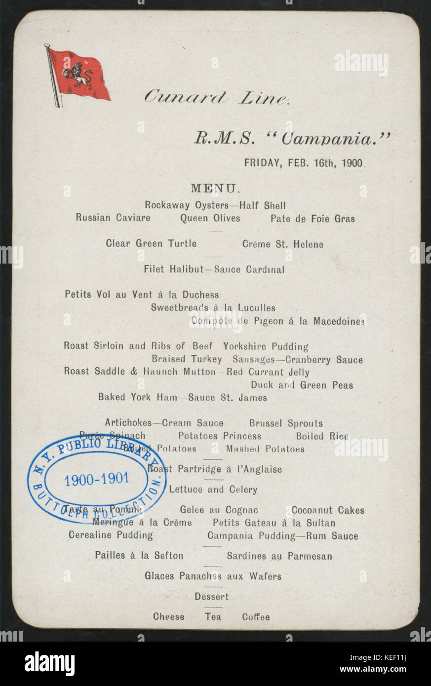 MENU (held by) CUNARD LINE (at) R.M.S. CAMPANIA (SS;) (NYPL Hades ...