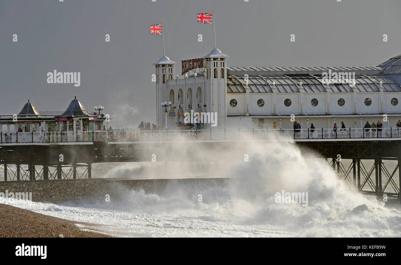 Brighton, UK. 21st Oct, 2017. UK Weather. Huge waves crash in beside ...