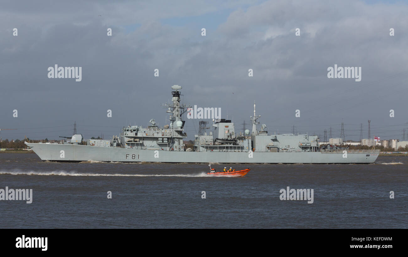 London, United Kingdom. 21st Oct, 2017. Type 23 frigate HMS Sutherland ...