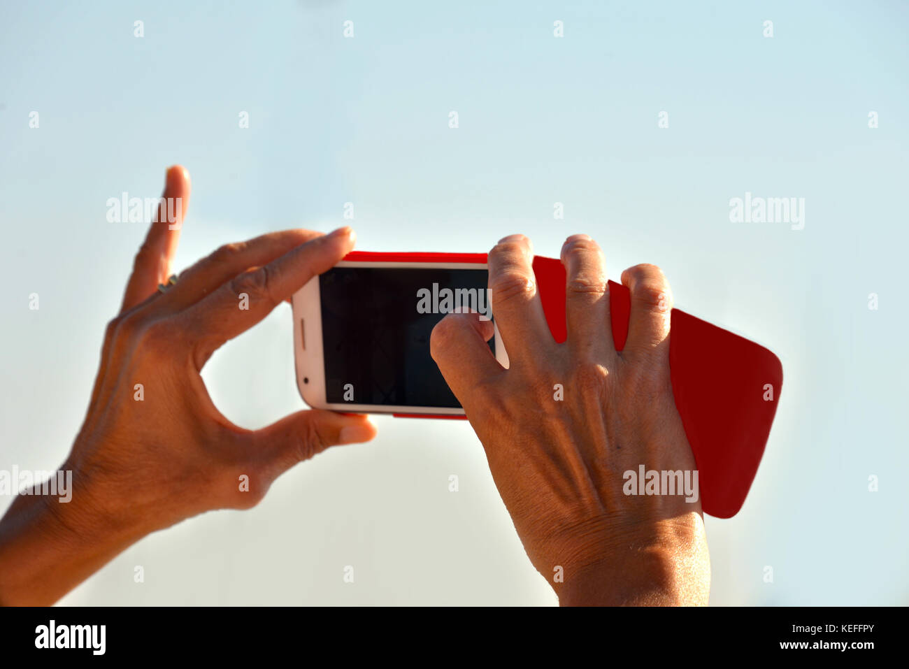 Woman hand holding a cell phone shooting a picture Stock Photo - Alamy