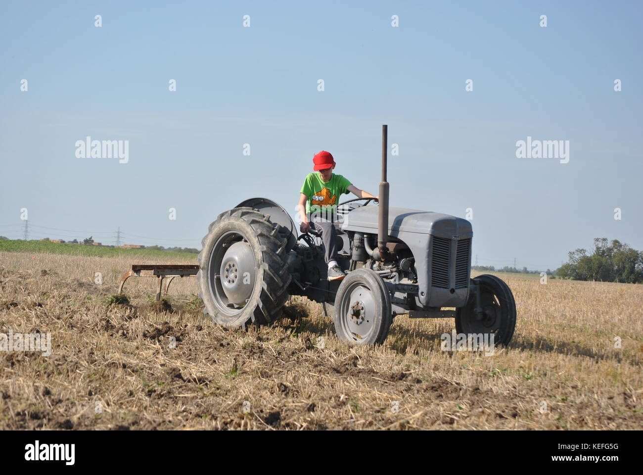 Teenage boy driving grey Ferguson tractor with cultivator Stock Photo ...