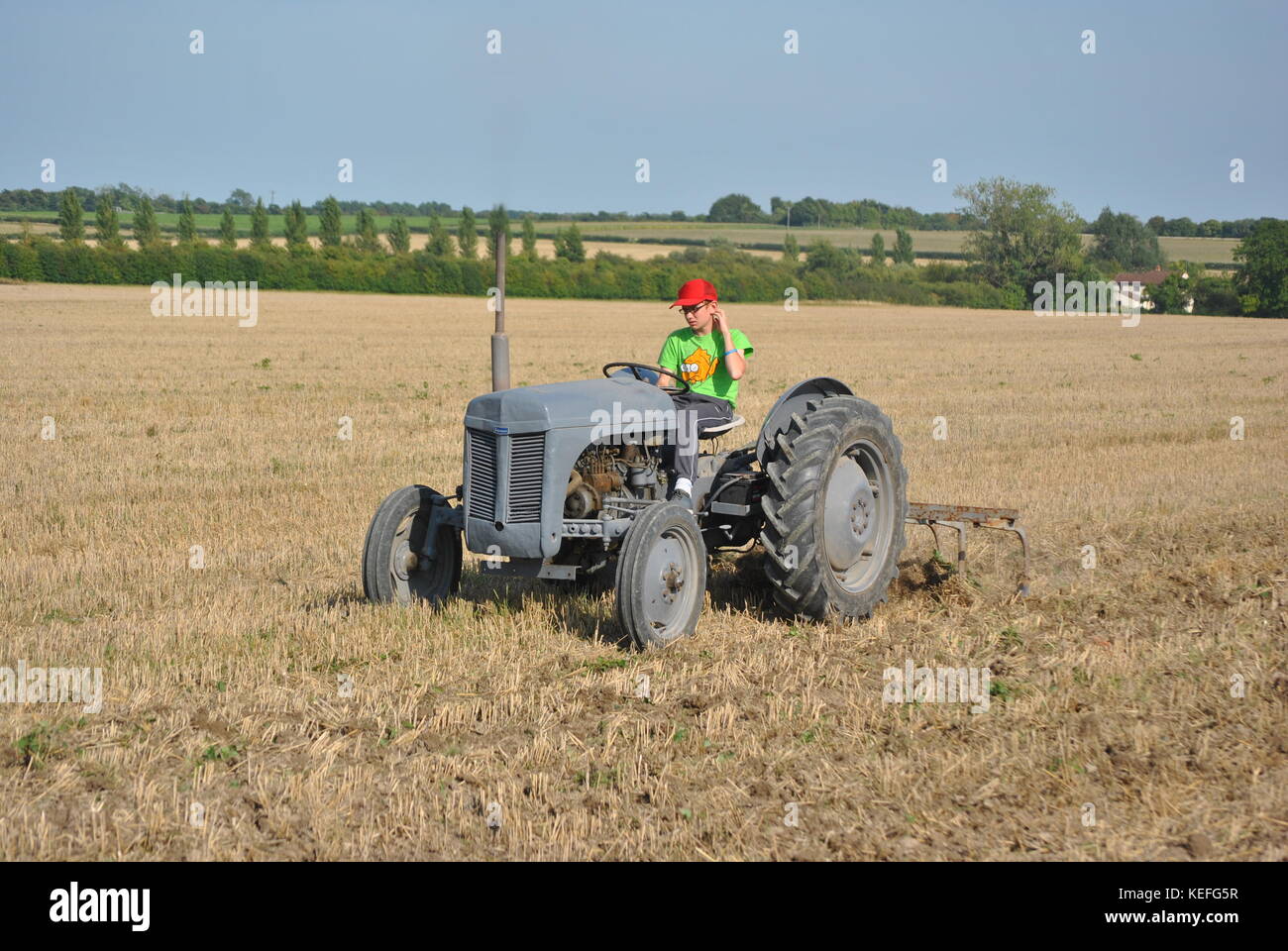 Teenage boy driving grey Ferguson tractor with cultivator Stock Photo ...