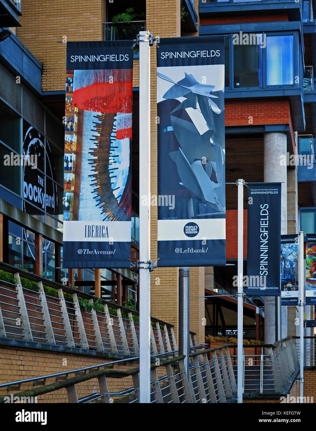 Banners in Spinningfields, Manchester Stock Photo - Alamy