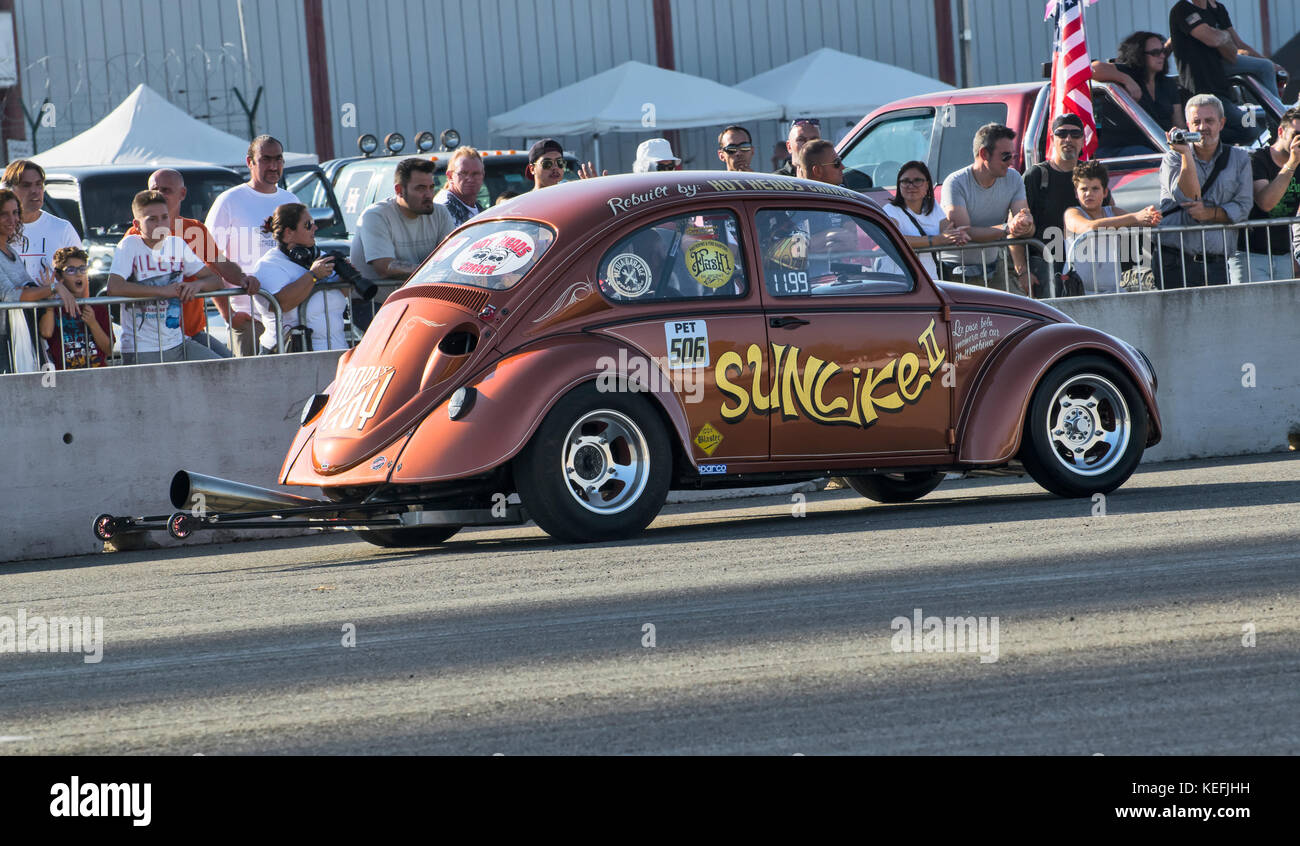 a view on details of a colorful classic wolkswage beetle dragster car ...
