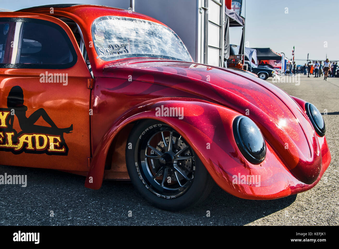 a view on details of a colorful classic wolkswage beetle dragster car ...