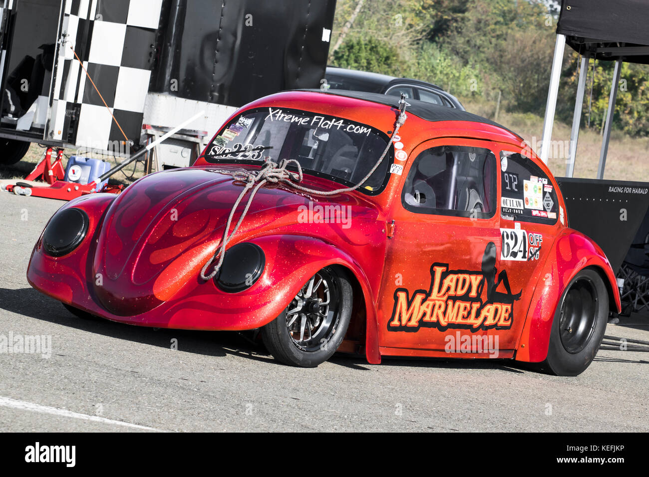 a view on details of a colorful classic wolkswage beetle dragster car ...