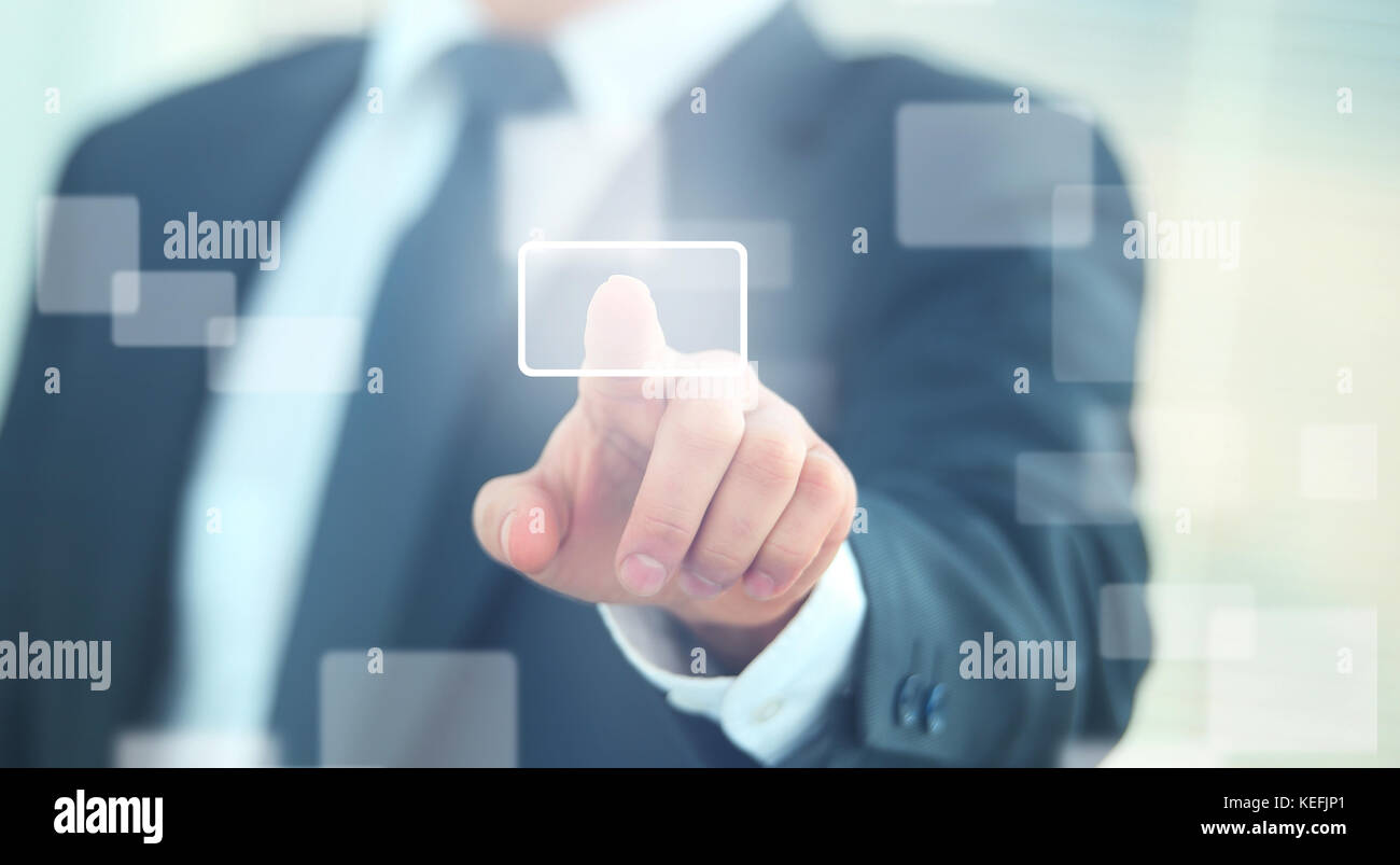 business man pressing a touchscreen button Stock Photo - Alamy