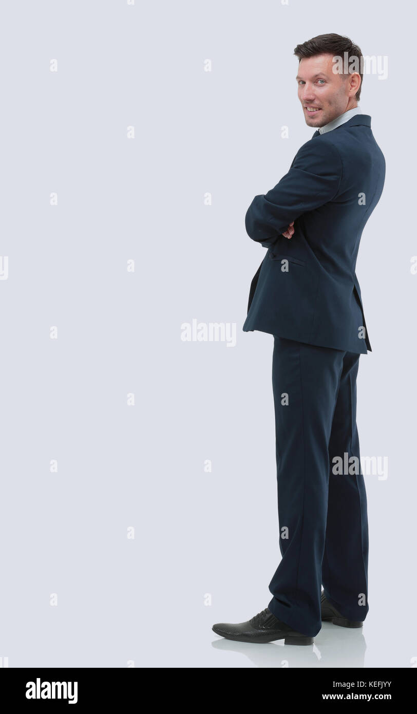 Side view of a smiling businessman, On white background Stock Photo - Alamy