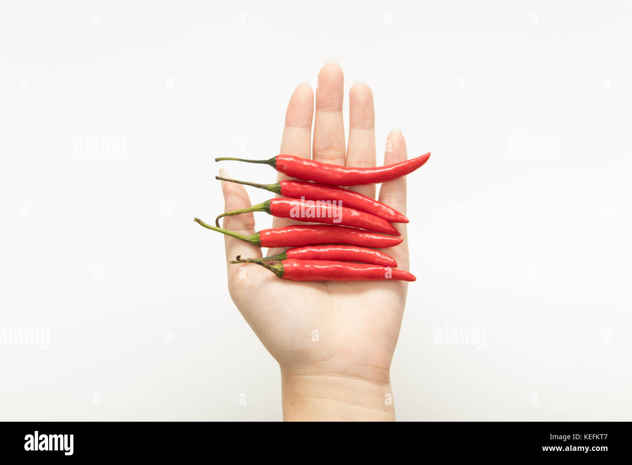 Red Chilli on hand white isolated background Stock Photo - Alamy