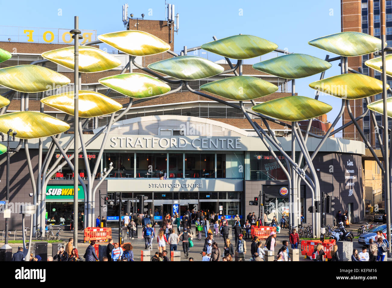 People shopping at Stratford Centre shopping mall, exterior with the ...