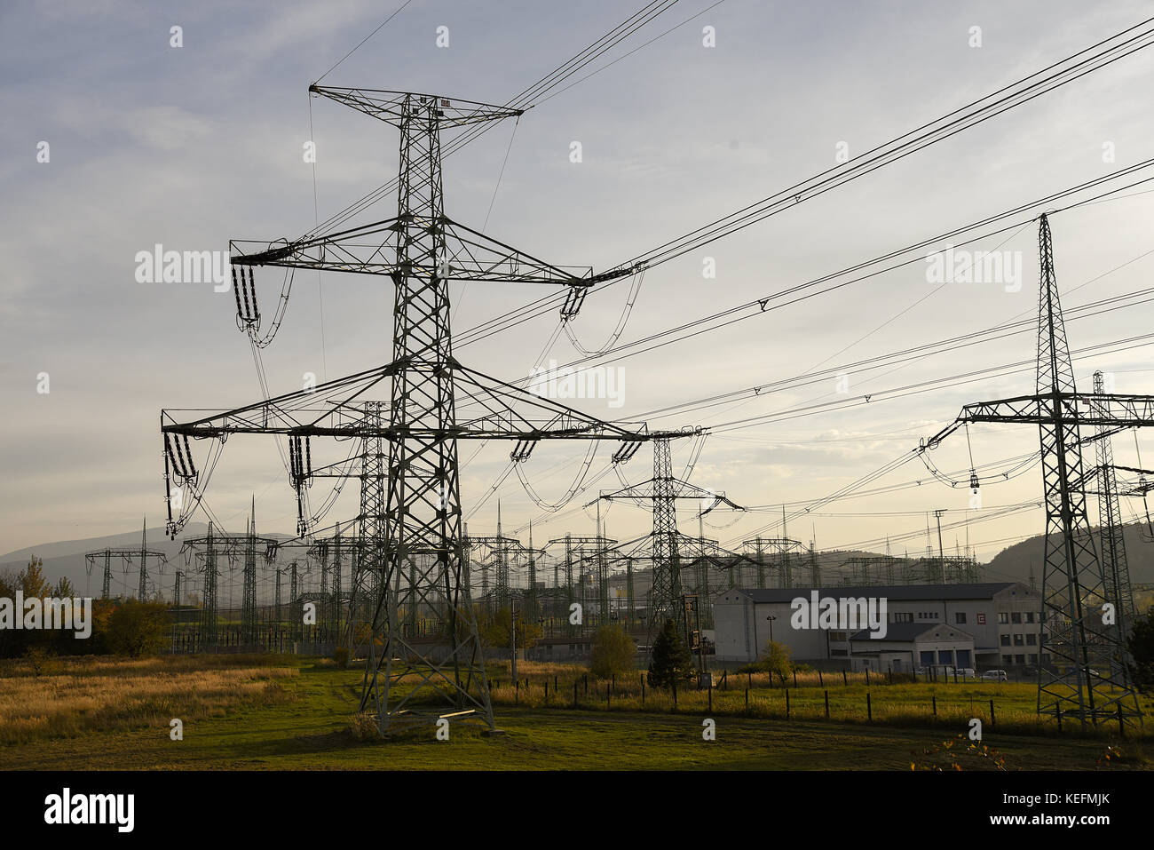 A PYLON AND HIGH-VOLTAGE POWER LINES, SKY Stock Photo - Alamy