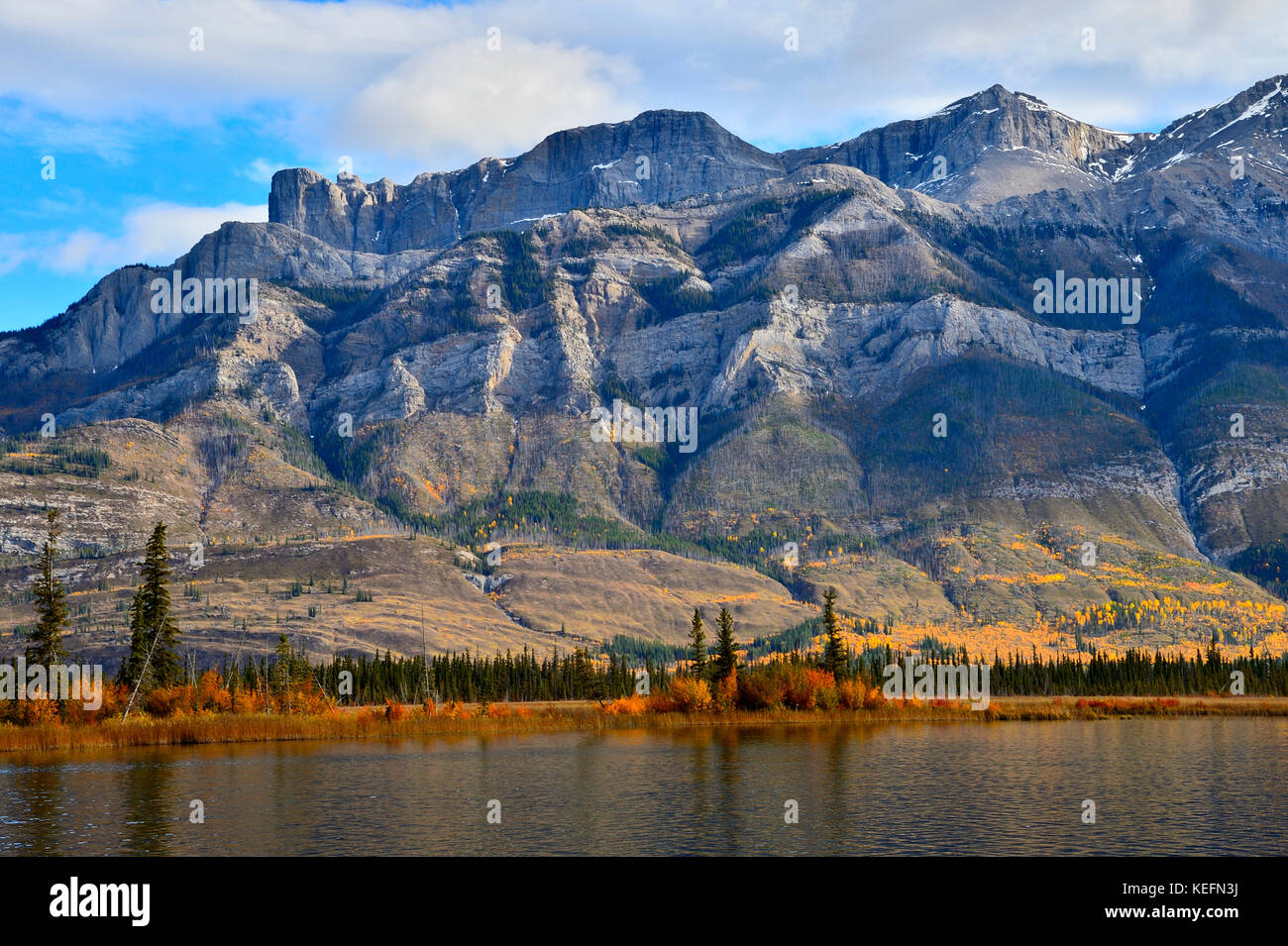 A fall landscape image showing the Miette mountain range in Jasper ...