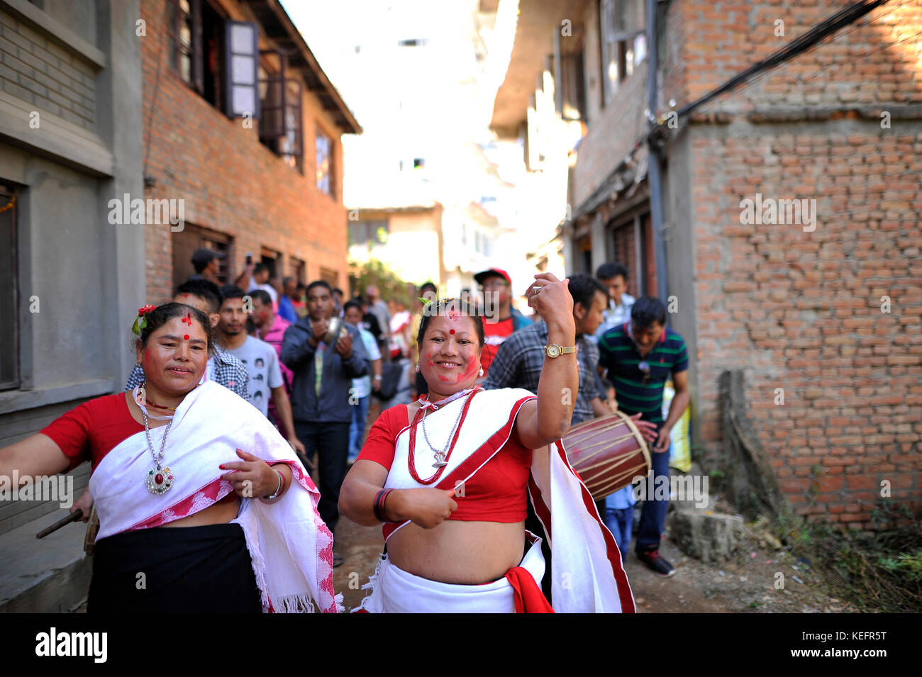 Newari People dance in a traditional instruments during Newari New Year parade Nhu Dan (the ...