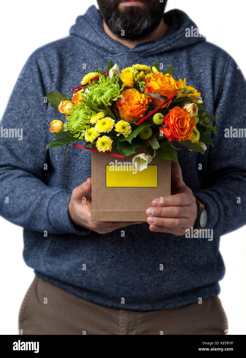 man holds assortment flowers in cardboard box. Valentine's Day Stock ...