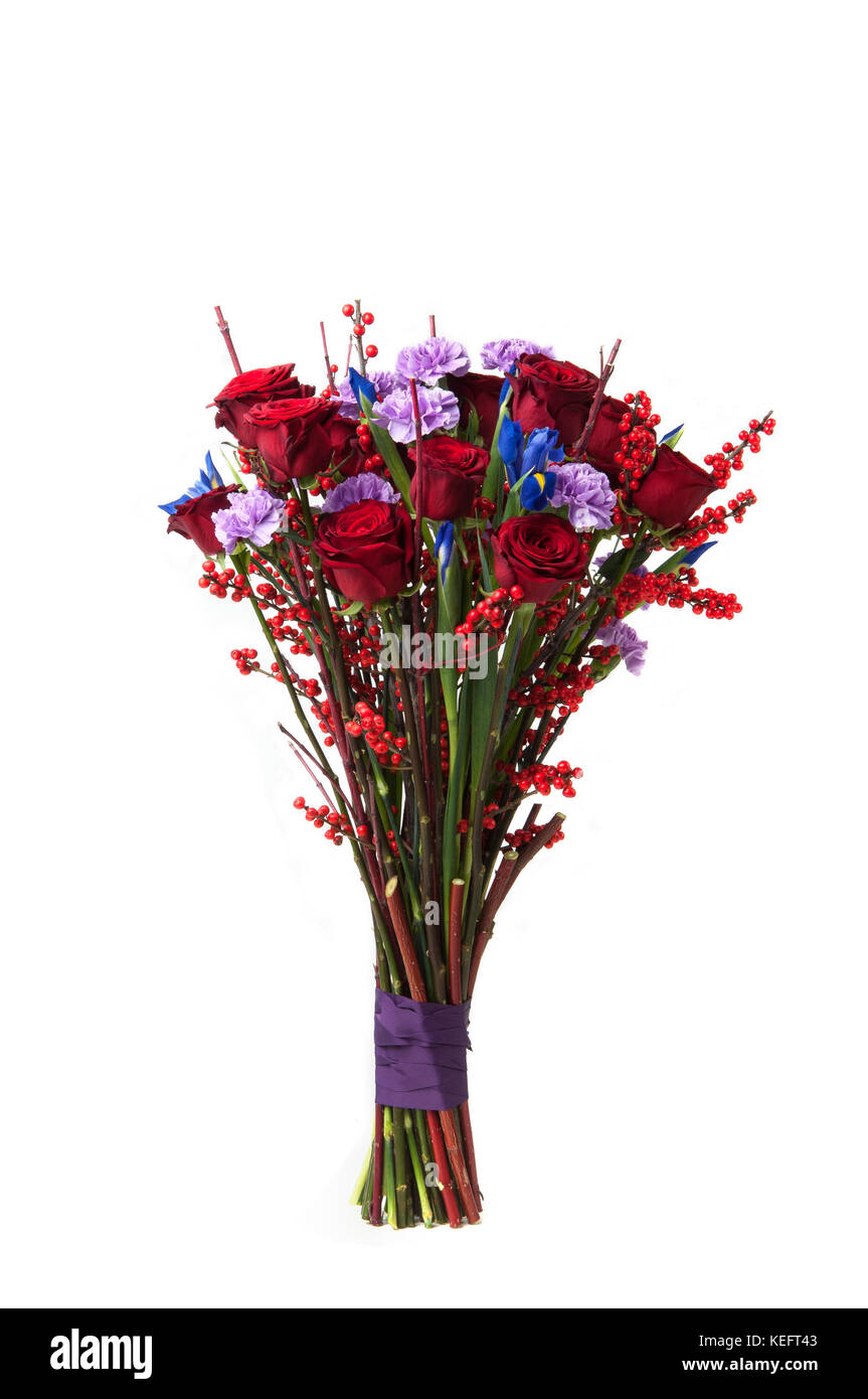 a bouquet of red roses and assorted flowers associated tape on white ...