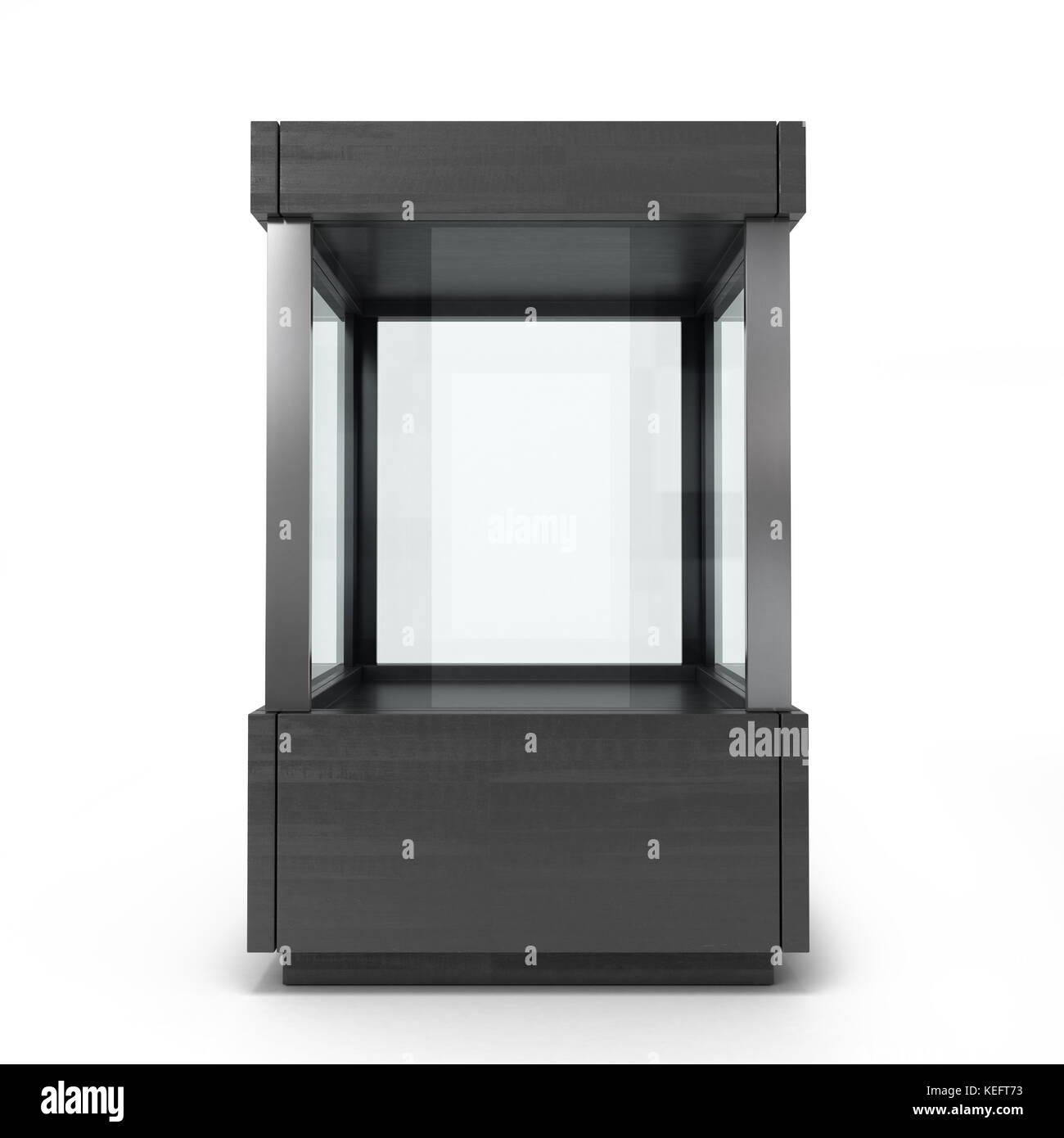 Black glass showcase with a cover isolated on a white background front ...