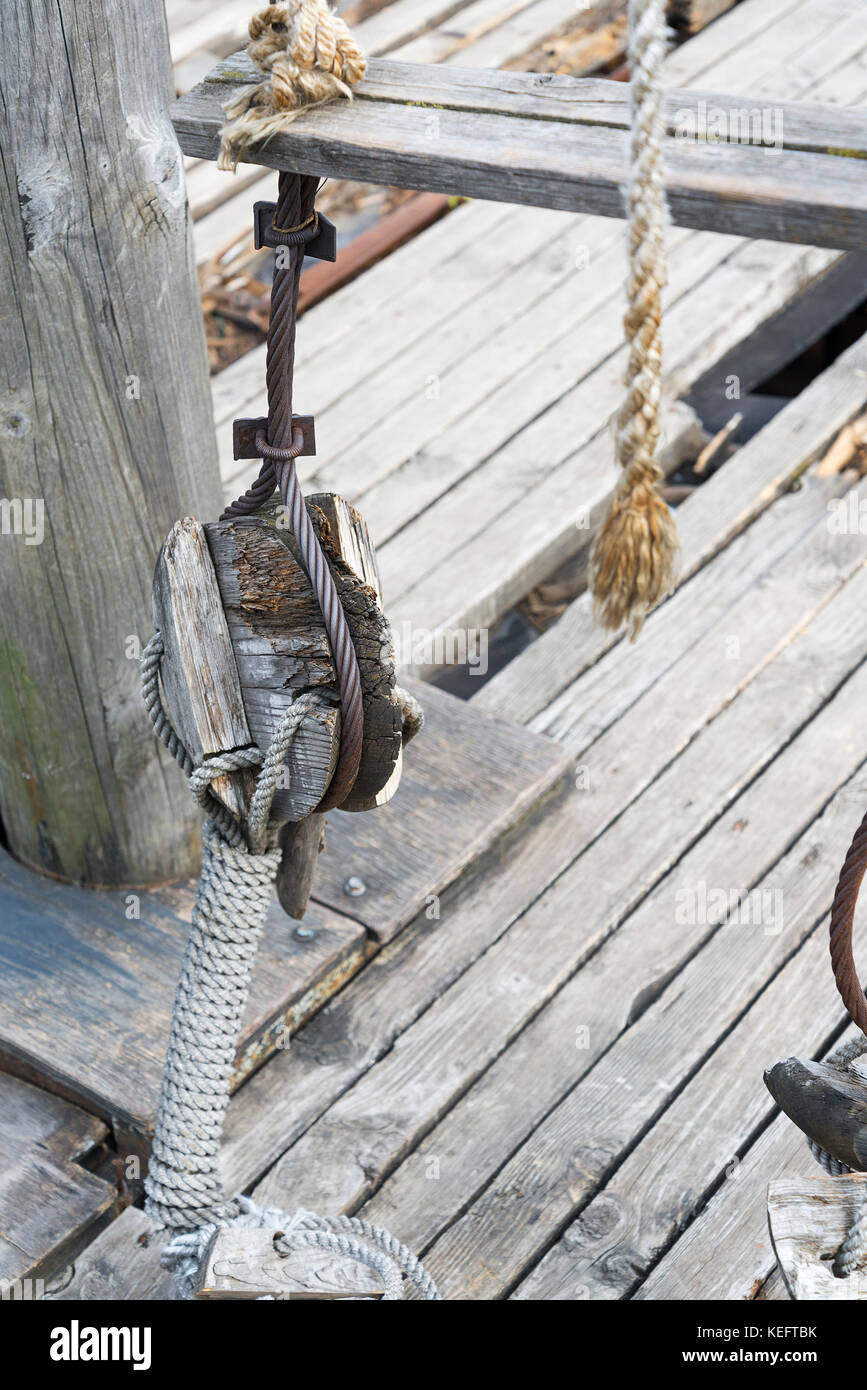 The rope on the rafter of an old wooden ship in the museums Stock Photo ...