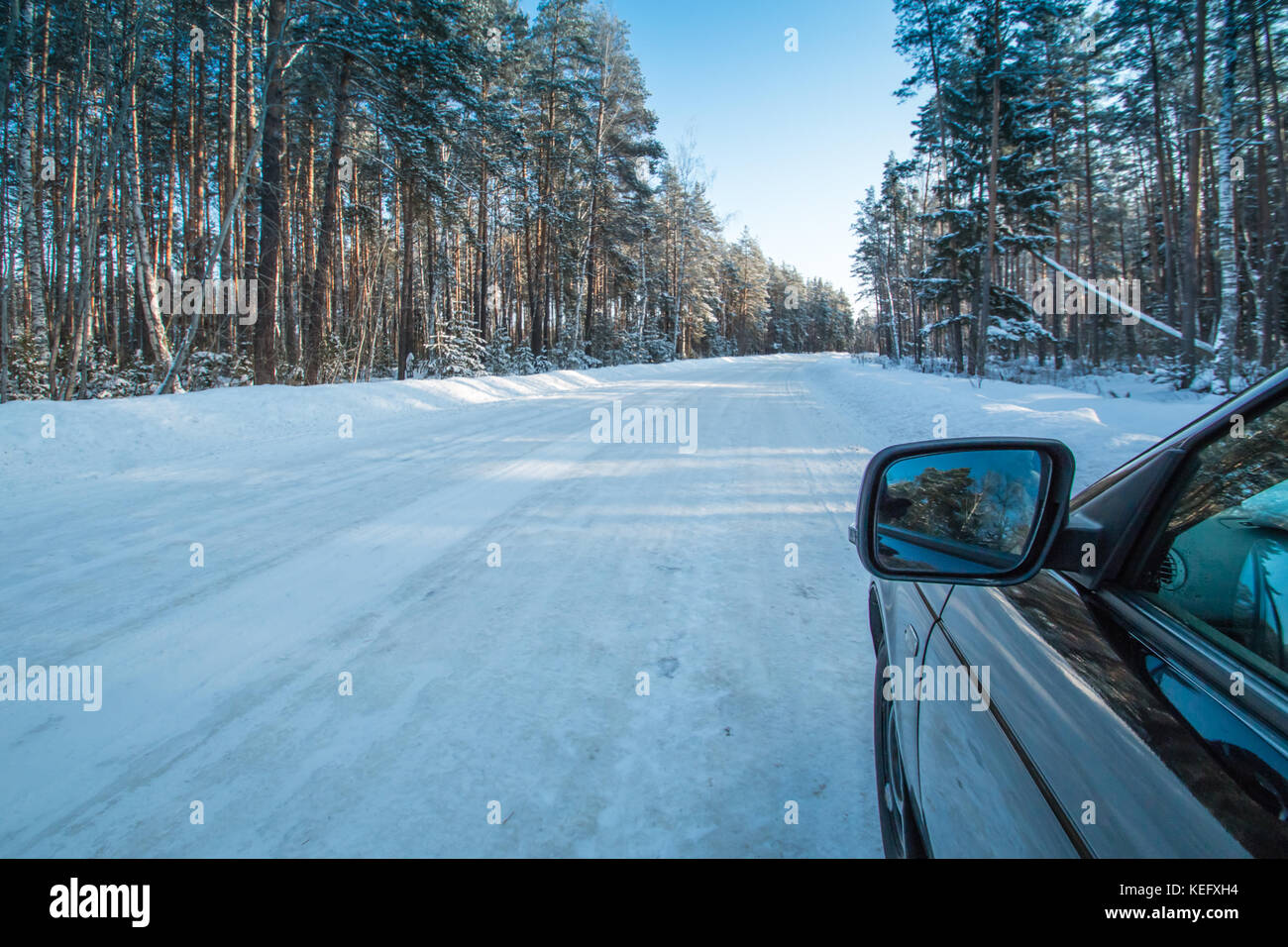 car on a winter road in the forest Stock Photo - Alamy