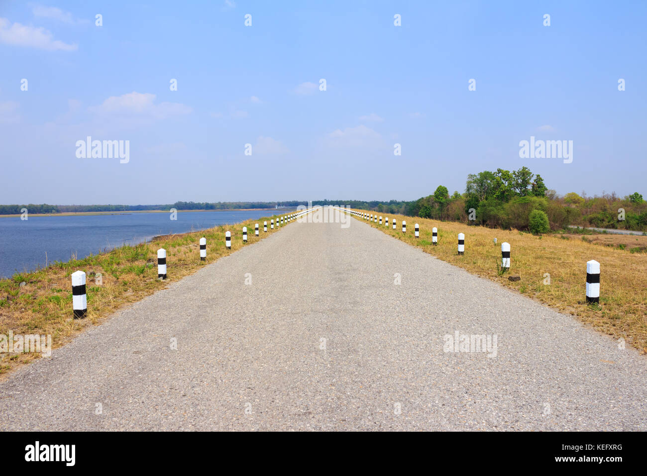 Road over a dike along a lake in summer Stock Photo - Alamy