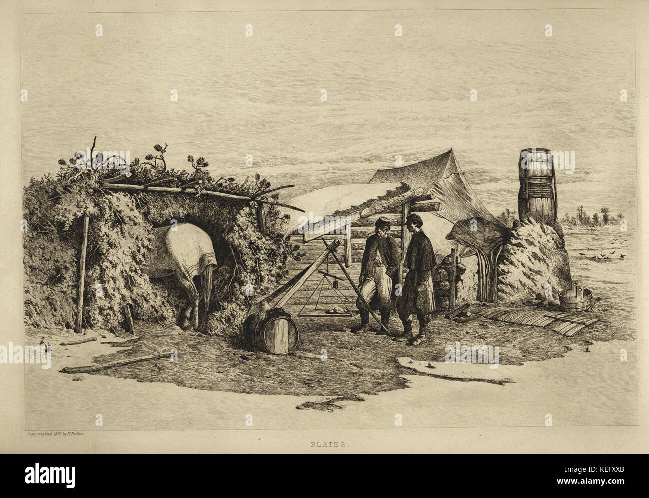 A depiction of the Commissary's Quarters in a winter military camp ...