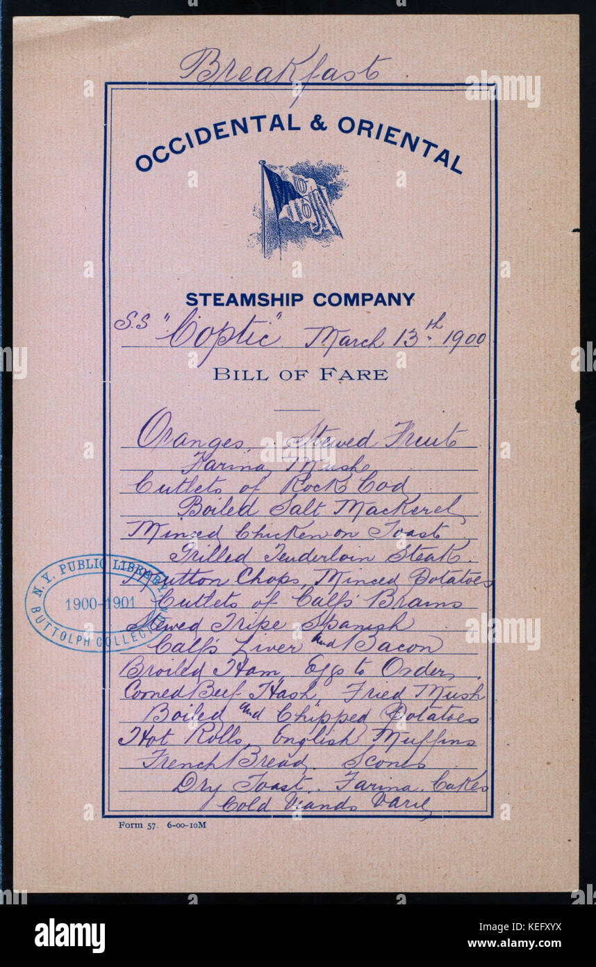 BREAKFAST (held by) OCCIDENTAL & ORIENTAL STEAMSHIP CO. (at) S.S ...