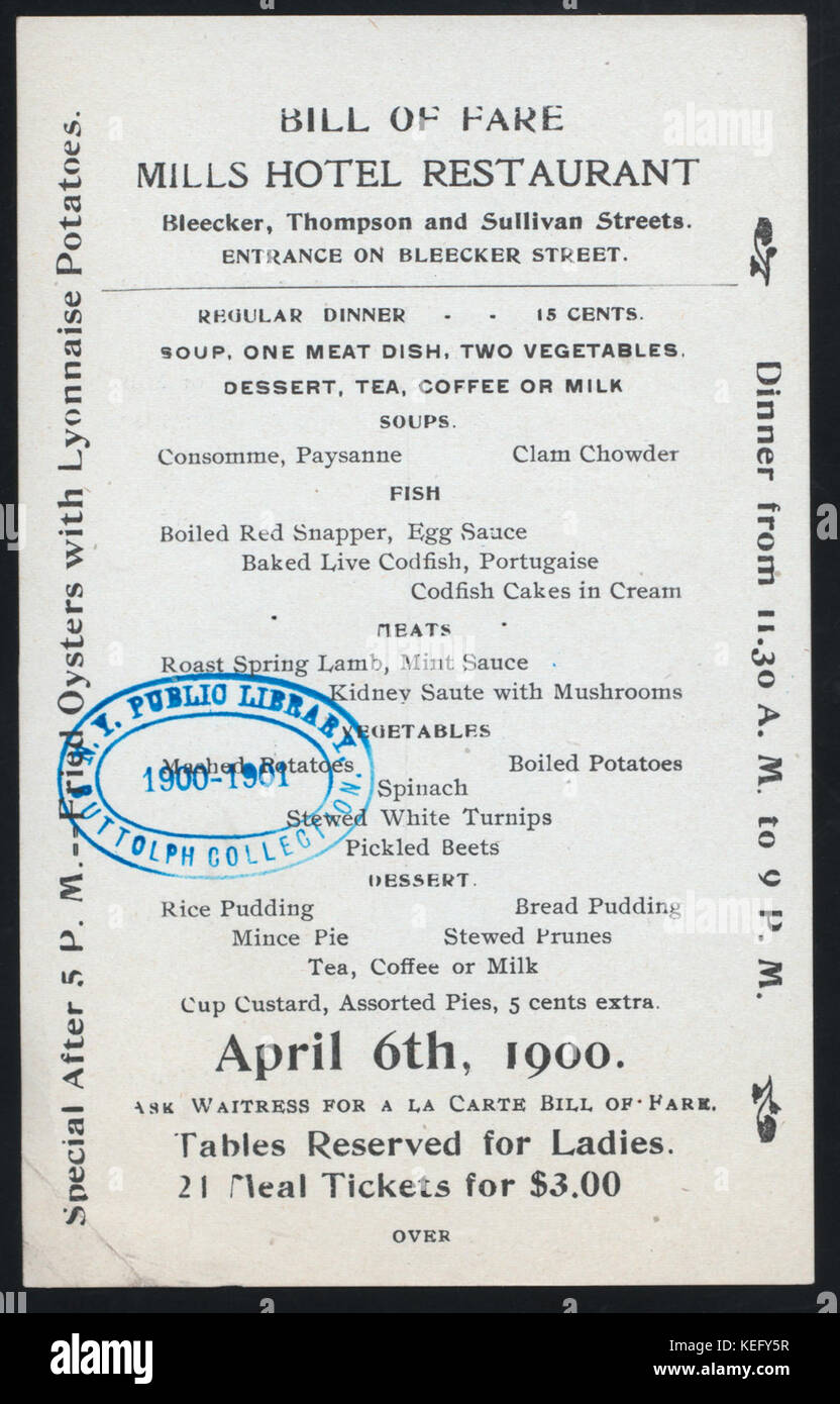 BILL OF FARE BREAKFAST DINNER (held by) MILLS HOTEL RESTAURANT (at ...