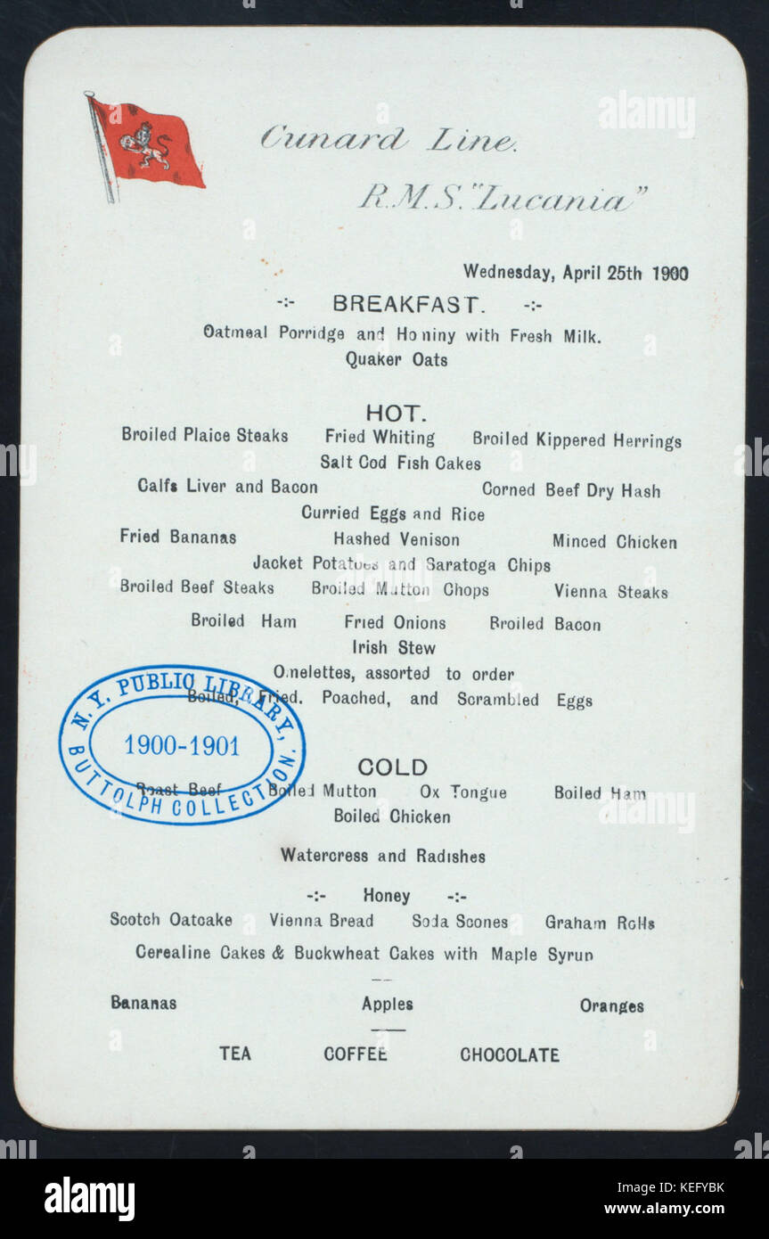 BREAKFAST (held by) CUNARD LINE (at) R.M.S. LUNCANIA (SS;) (NYPL Hades ...