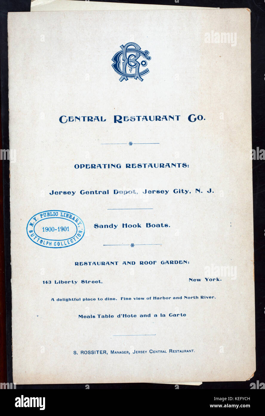 MENU (held by) CENTRAL RESTAURANT CO. (at) NEW YORK, NY (REST;) (NYPL ...