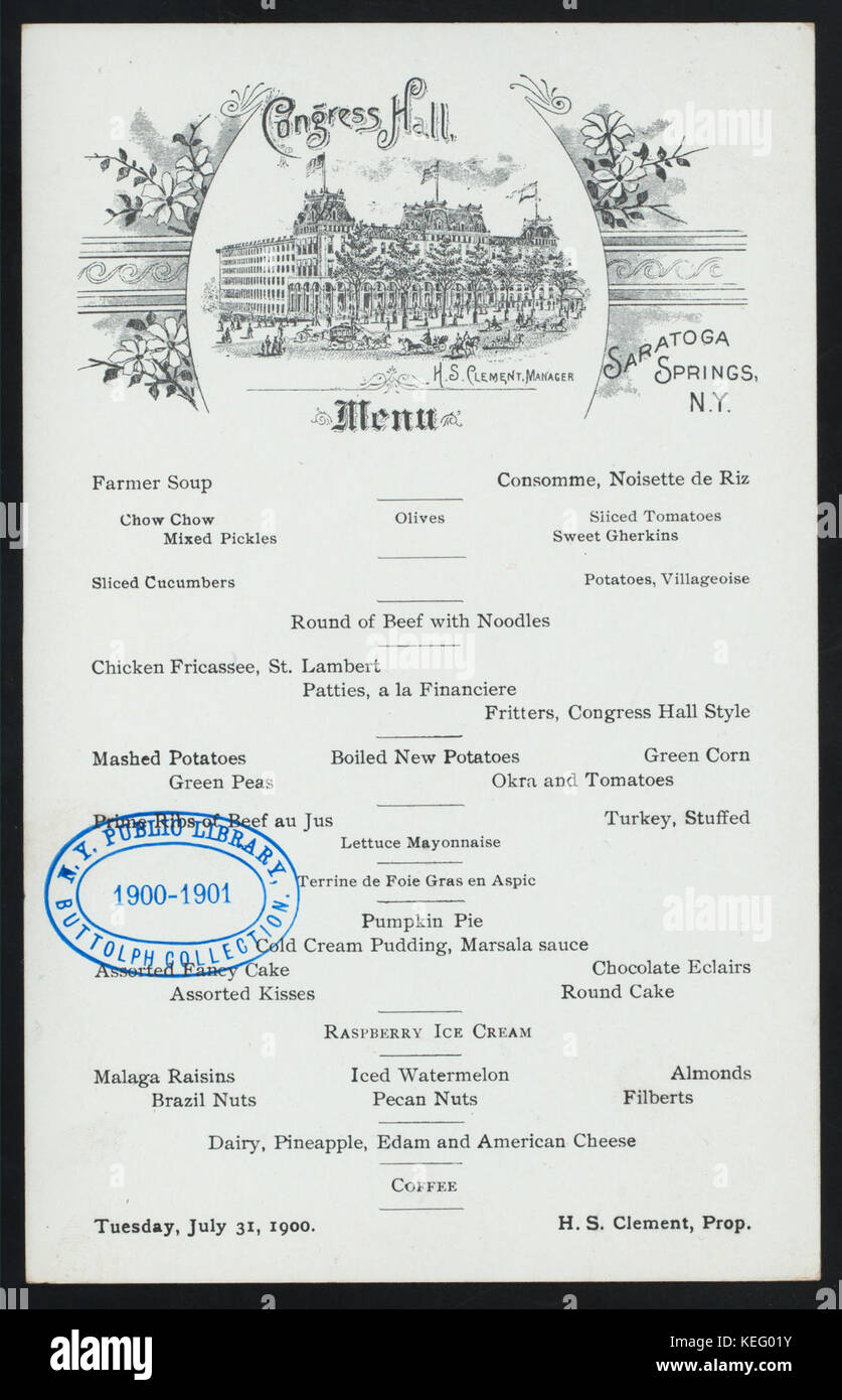 Menu or record related to a formal dinner hosted at Congress Hall hotel ...