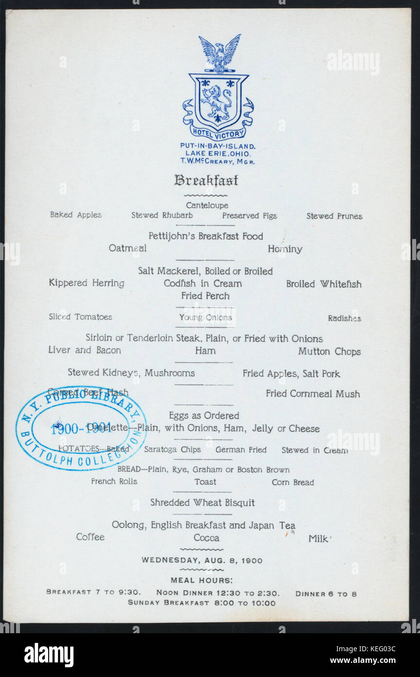 BREAKFAST (held by) VICTORY HOTEL (at) PUT IN BAY ISLAND, LAKE ERIE, OH ...